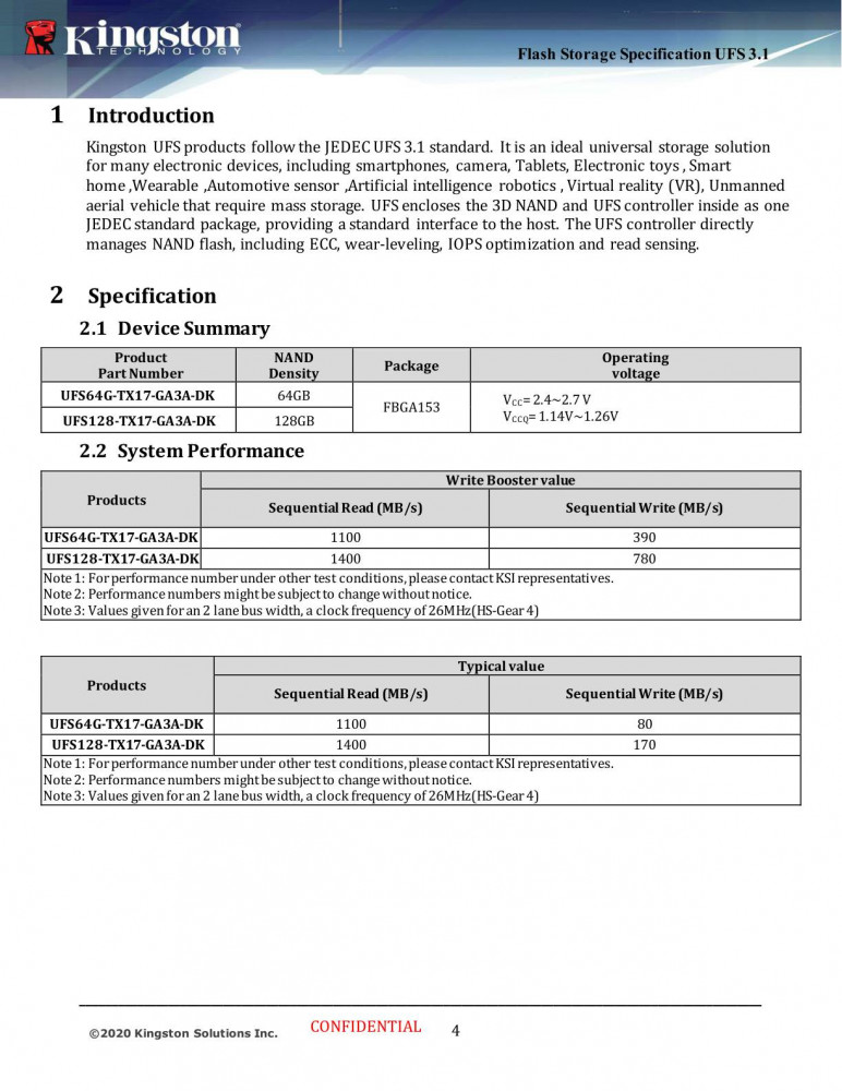 Kingston UFS datasheet page 4