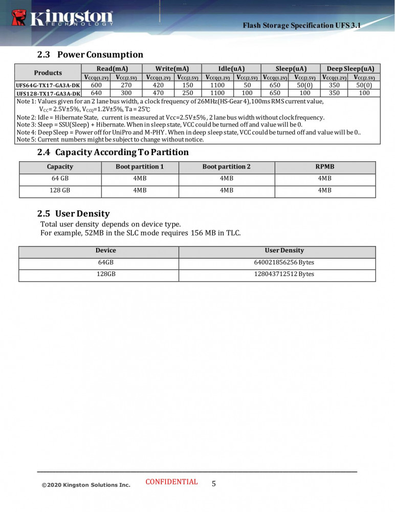 Kingston UFS datasheet page 5