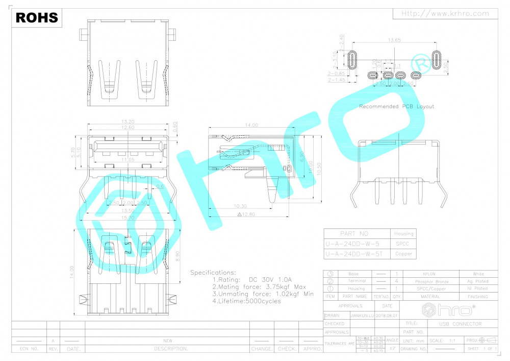 HRO U-A-24DD-W-5T USB connector technical drawing