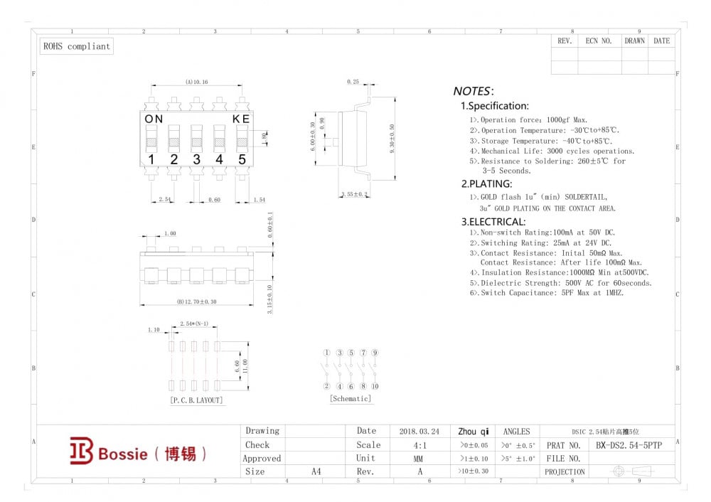 BX-DS2.54-5PTP technical drawing page 1