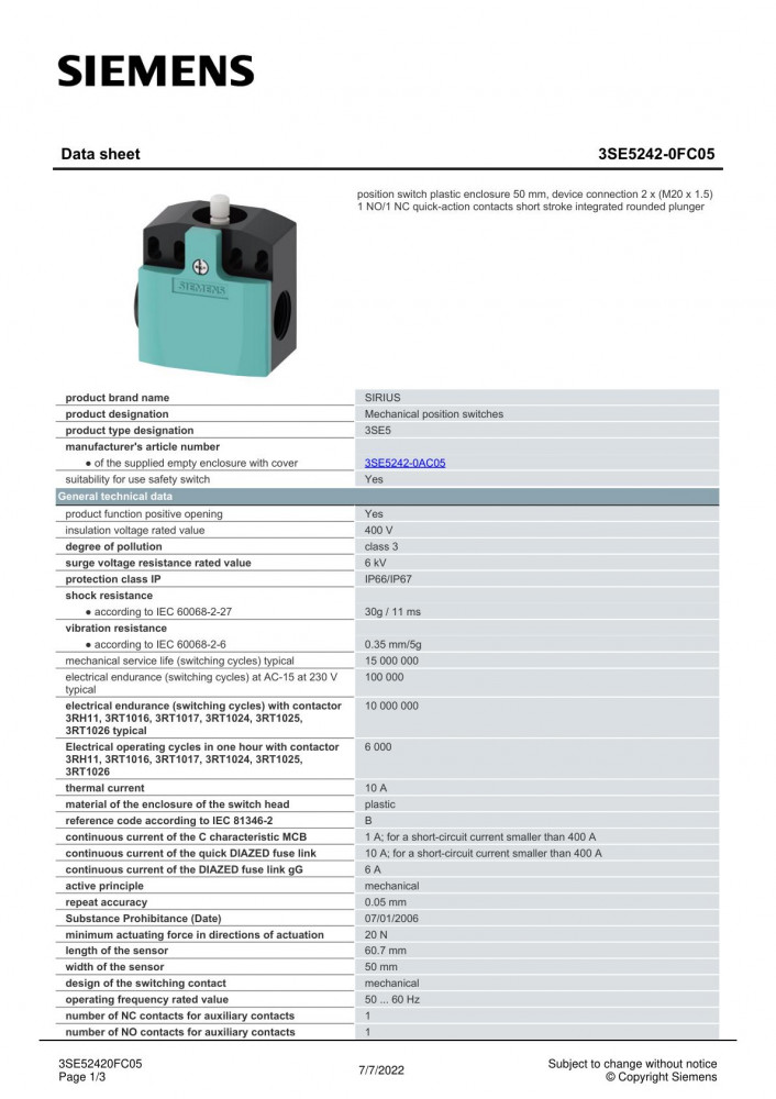 SIEMENS 3SE52420FC05 datasheet page 1