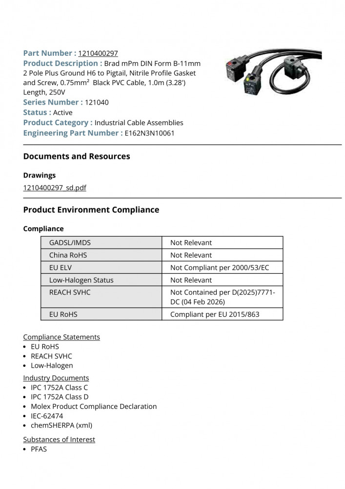 Molex 121040 series product drawing, page 1