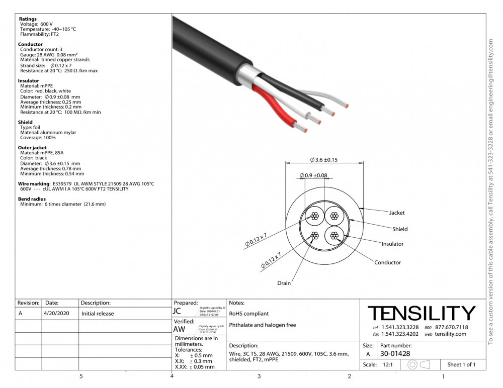 Tensility International 30-01428 cable technical drawing