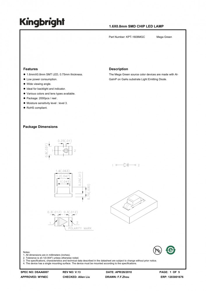 KPT-1608MGC datasheet page 1