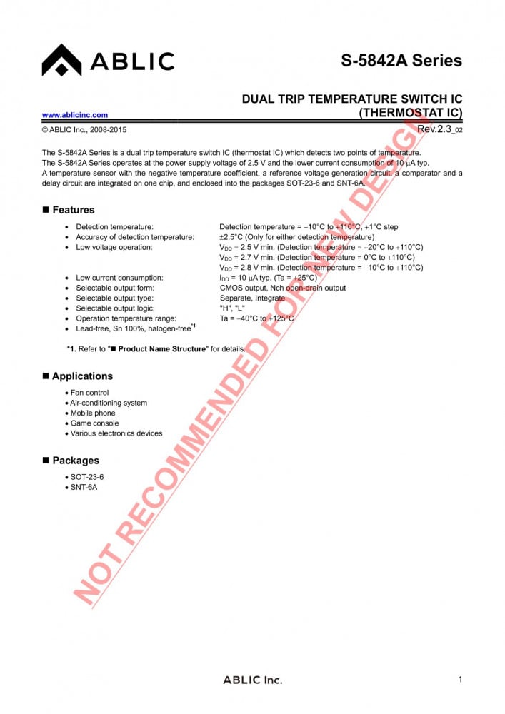 ABLIC S-5842A datasheet page 1