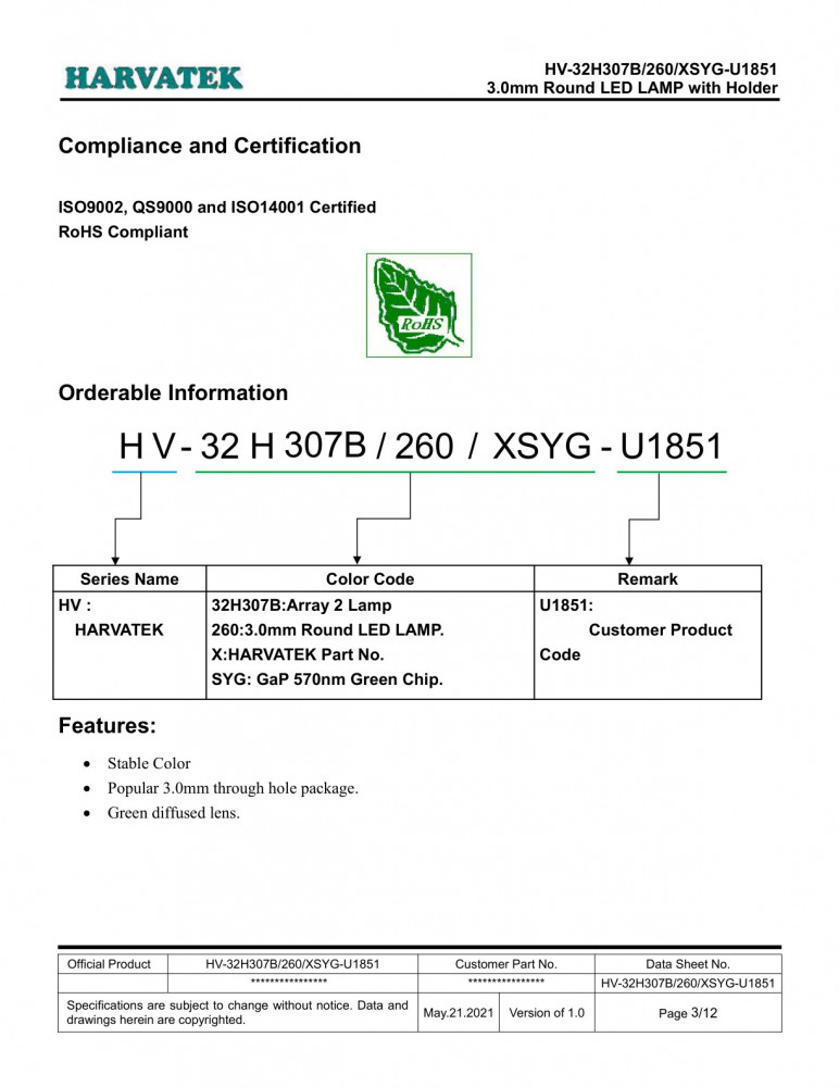 HV-32H307B/260/XSYG-U1851 datasheet page 3