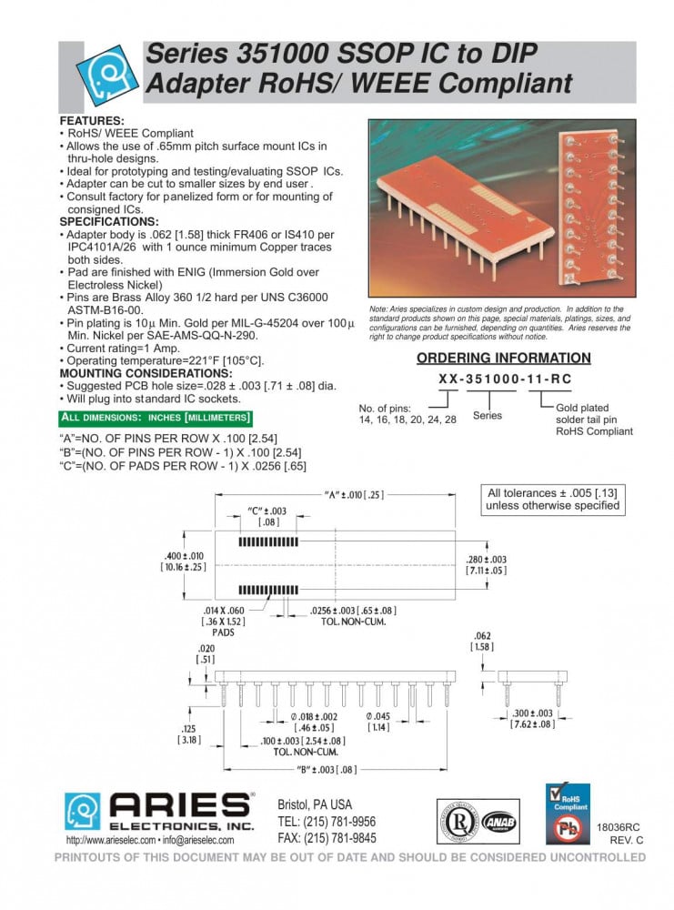 Aries Electronics 20-351000-11-RC technical drawing and ordering information