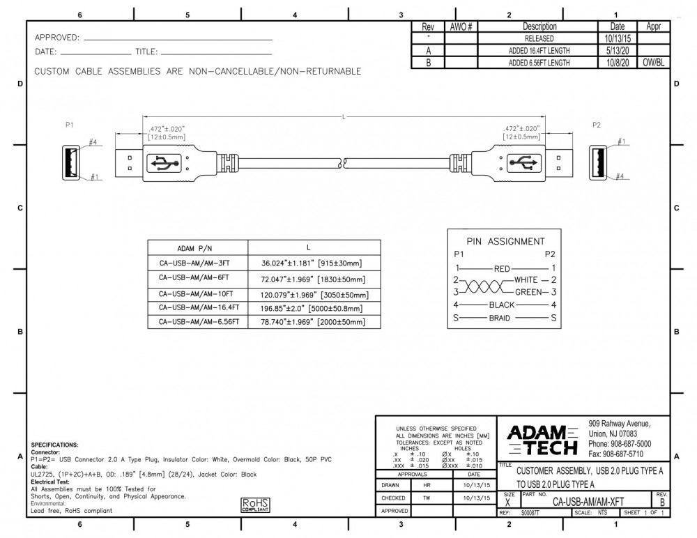 ADAM TECH USB 2.0 Type-A plug-to-Type-A plug cable assembly drawing