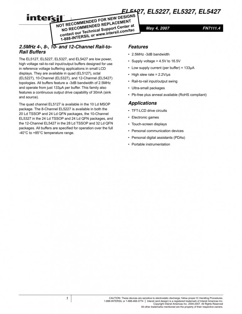 EL5327CRZ datasheet page 1
