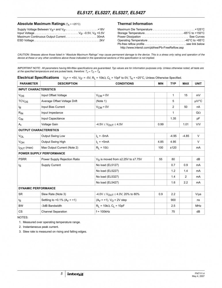 EL5327CRZ datasheet page 5