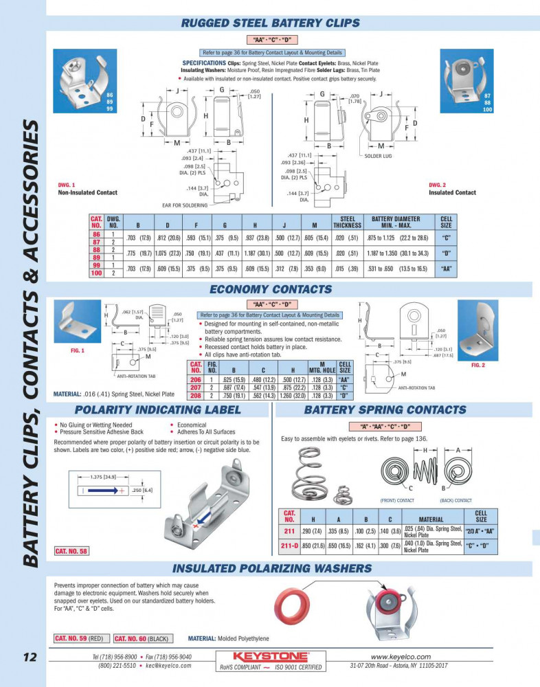 LEA NETWORKS catalog page showing battery contacts and insulated polarizing washers