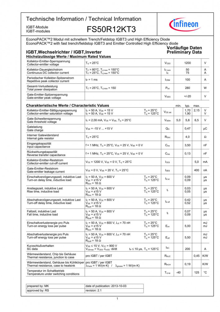 FS50R12KT3 datasheet page 1