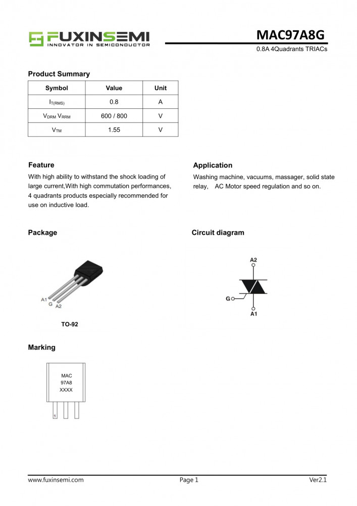 MAC97A8G datasheet page 1