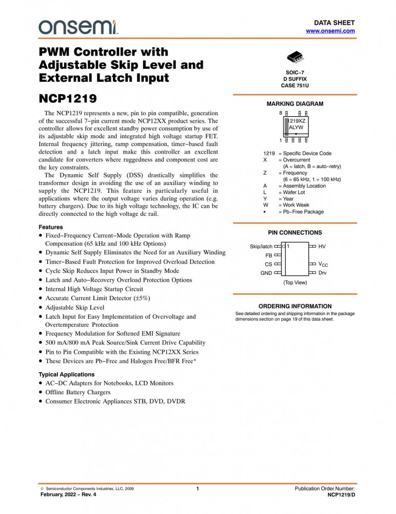 NCP1219 technical document page 1