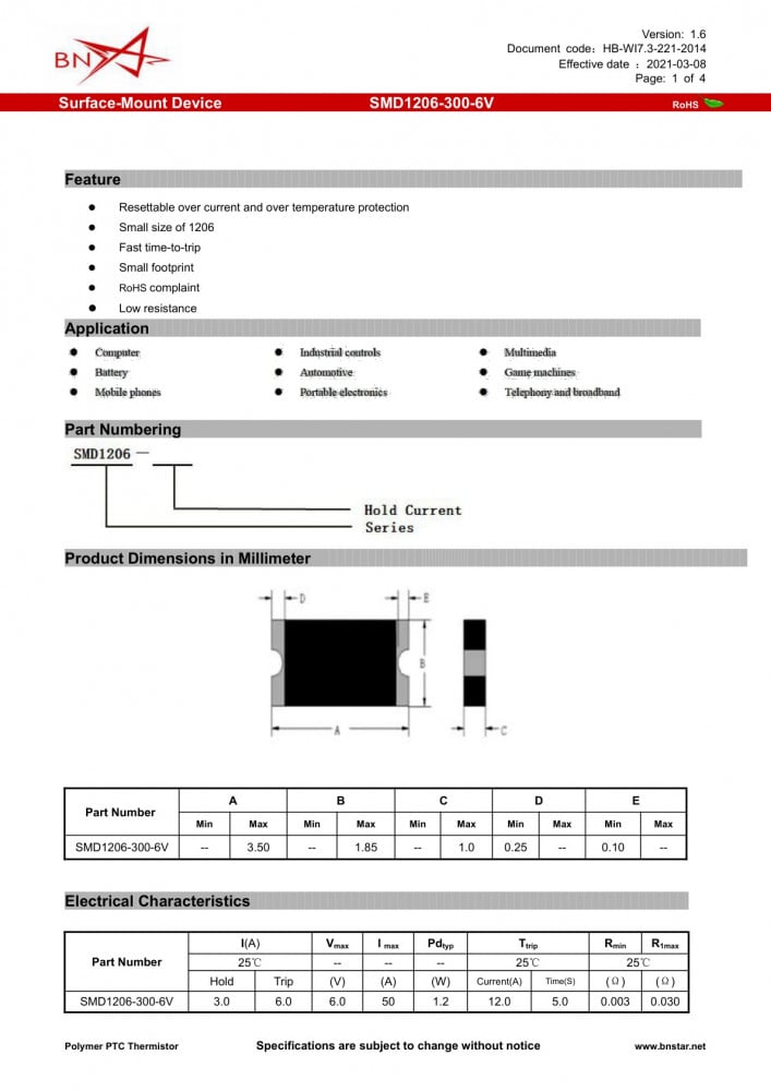 BNstar SMD1206-300-6V datasheet page 1
