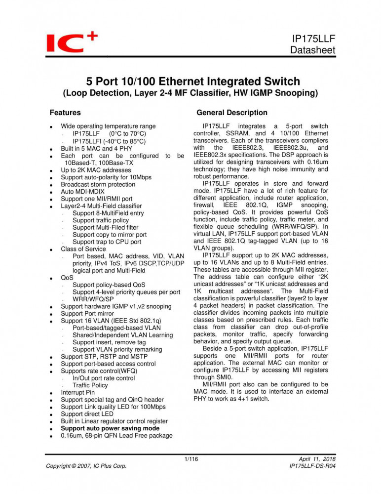 IP175LLF datasheet page 1