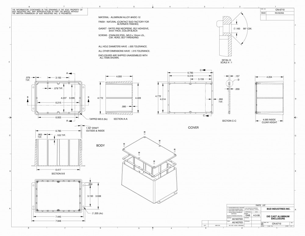 CN-6710 die-cast aluminum enclosure technical drawing
