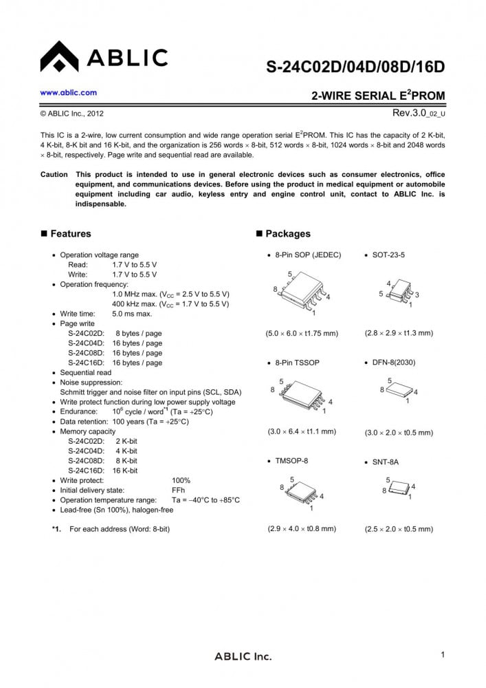 ABLIC S-24C04DI-T8T1U5 datasheet page 1