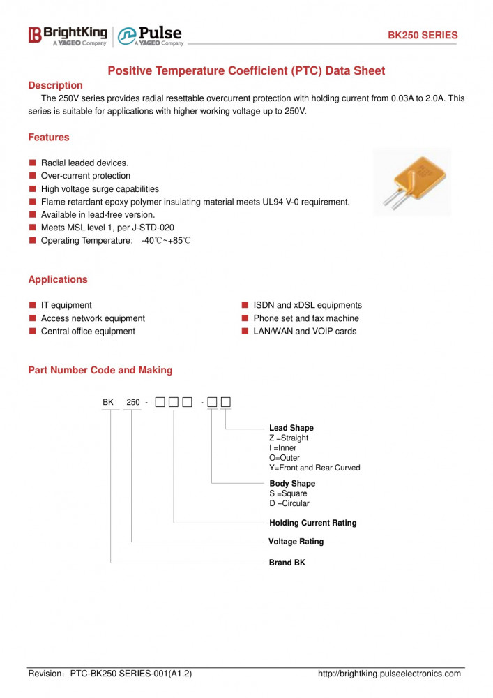 BK250 series datasheet page 1