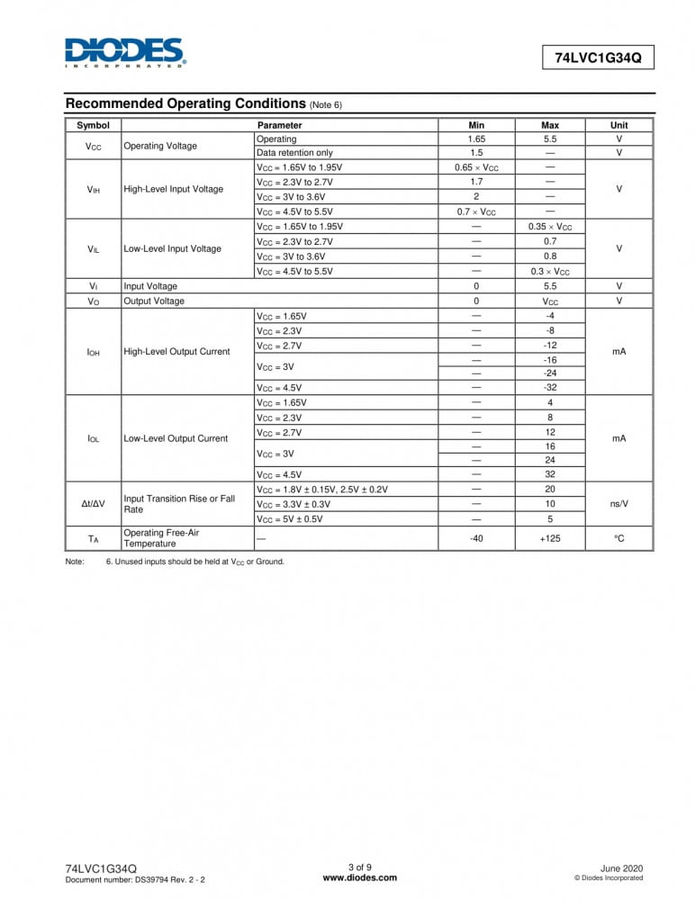 74LVC1G34QSE-7 datasheet page 3