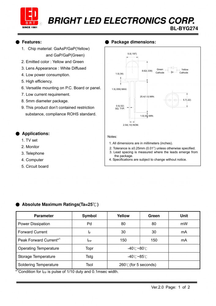 BL-BYG274 datasheet page 1