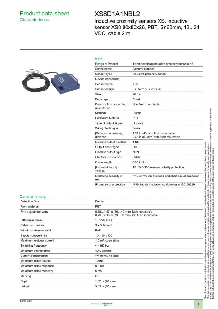 XS8D1A1NBL2 technical document page 1