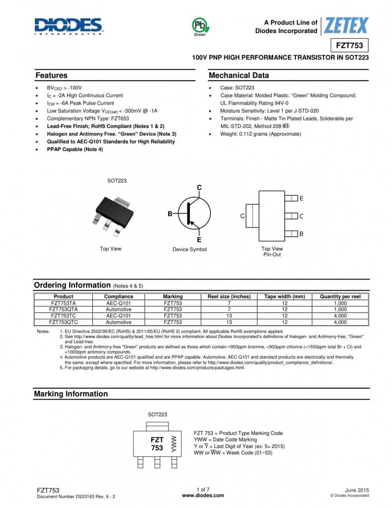 FZT753TA datasheet page 1