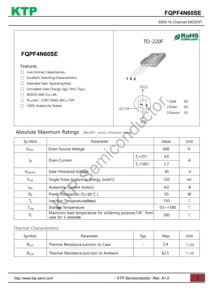 FQPF4N60SE datasheet page 1