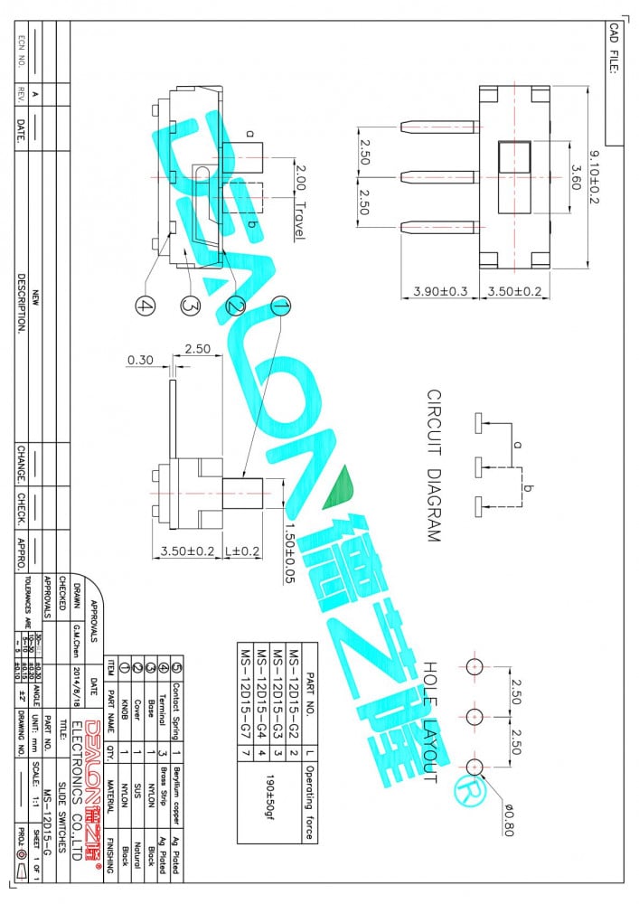DEALON MS-12D15-G3 slide switch technical drawing