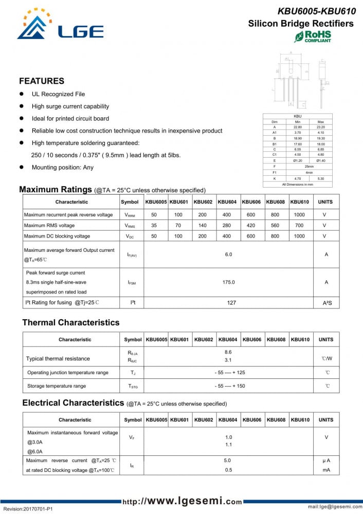 LGE KBU606 datasheet page 1