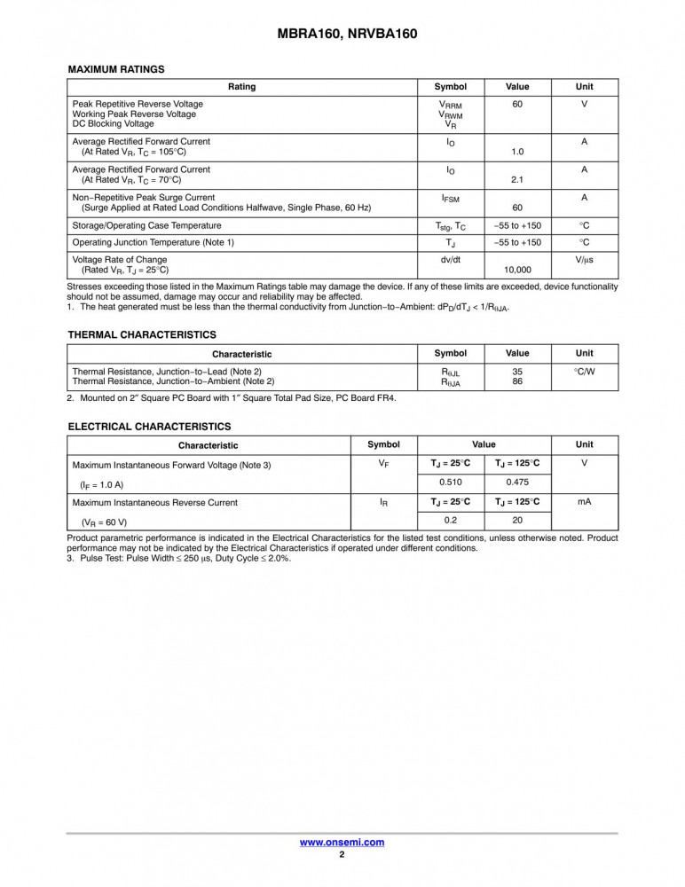 MBRA160T3G datasheet page 2
