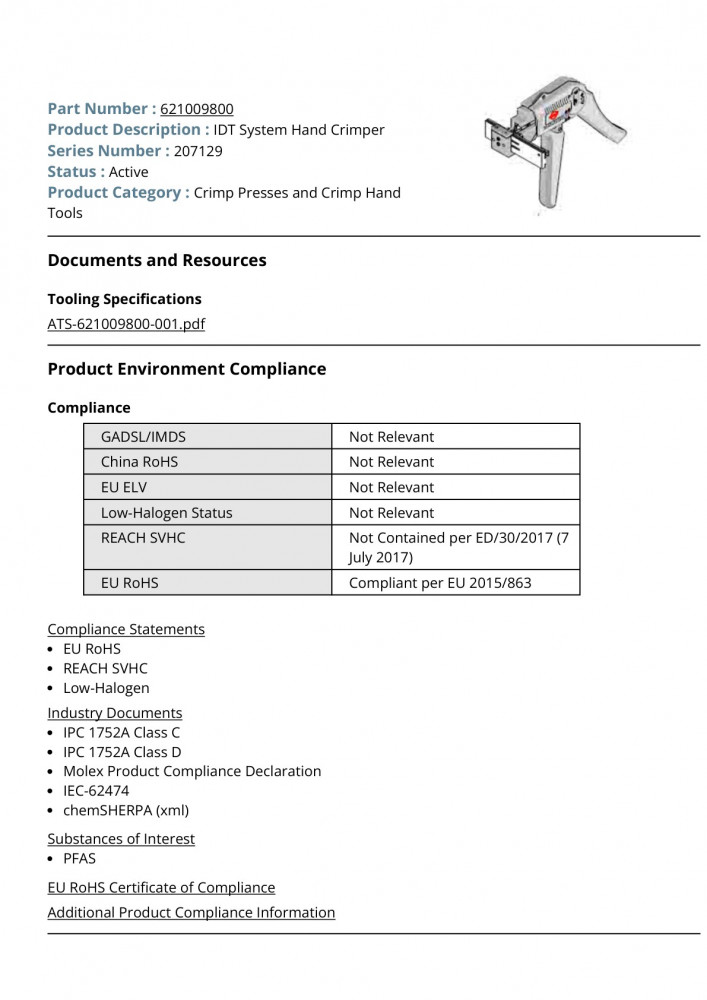 Molex 621009800 tooling document, page image 1