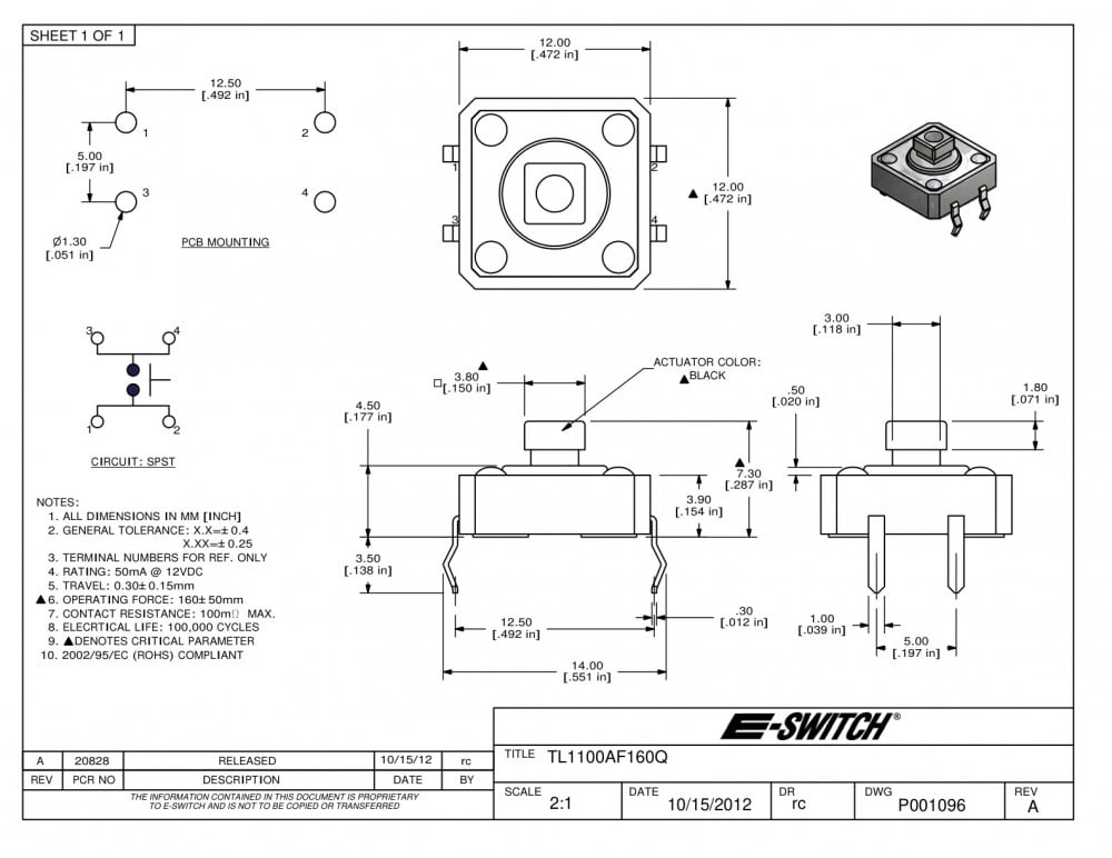 E-Switch TL1100AF160Q technical drawing