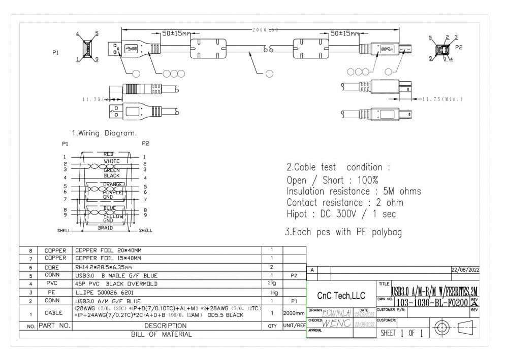 CNC Tech 103-1030-BL-F0200 wiring and bill of materials drawing