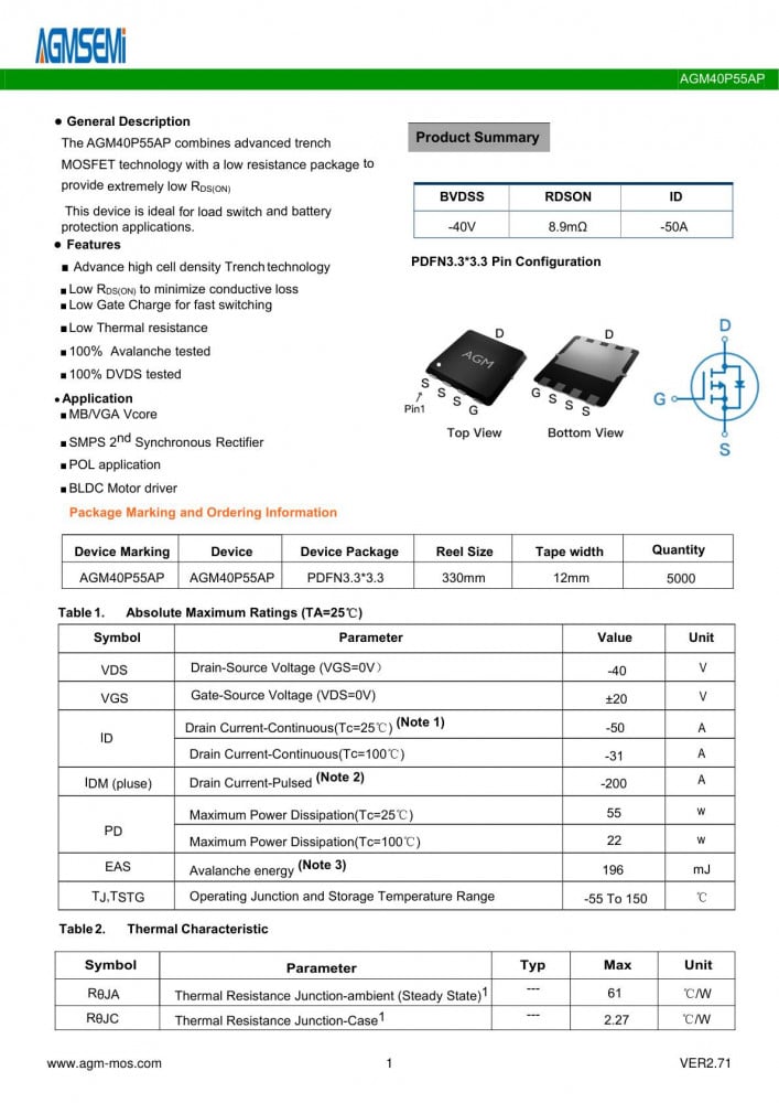 AGM40P55AP datasheet page 1