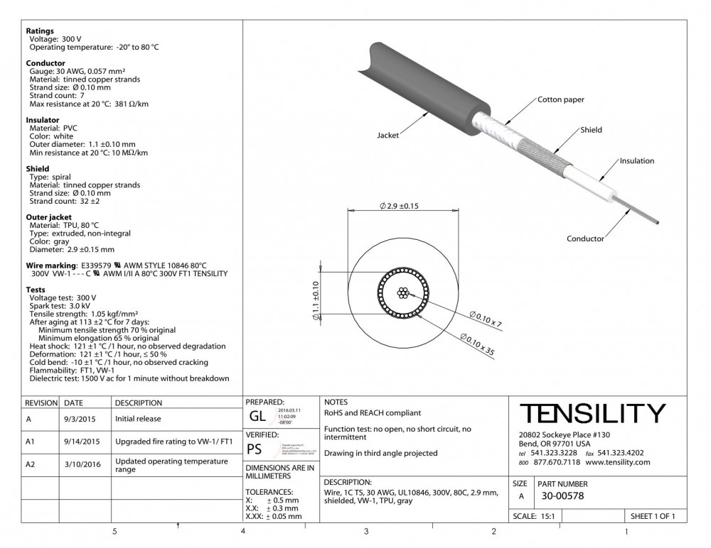 Tensility International 30-00578 technical drawing and wire specifications