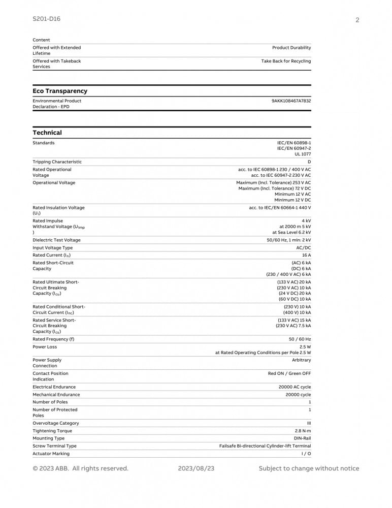 ABB S201-D16 technical document page 2