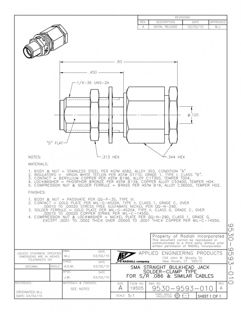 Radiall drawing for 9530-9593-010 SMA straight bulkhead jack, solder-clamp type