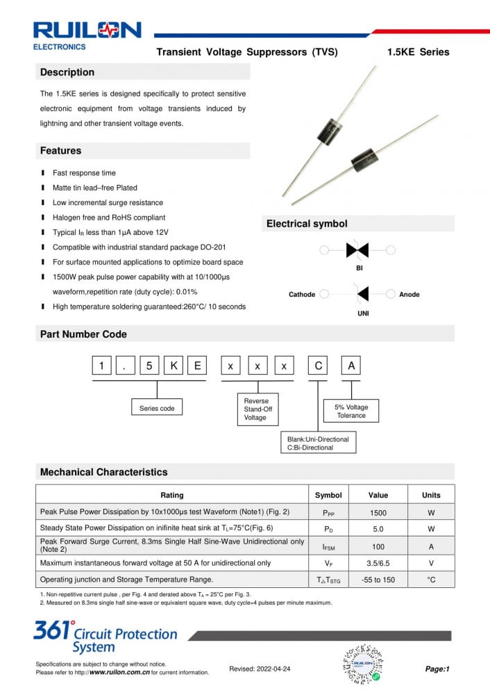 1.5KE series datasheet page 1