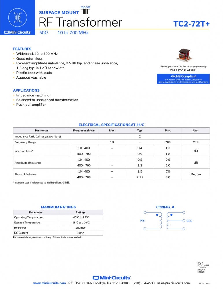 TC2-72T+ datasheet page 1