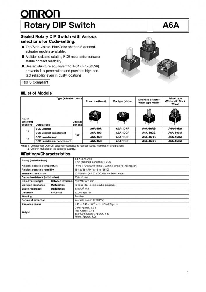 OMRON A6A series datasheet page 1