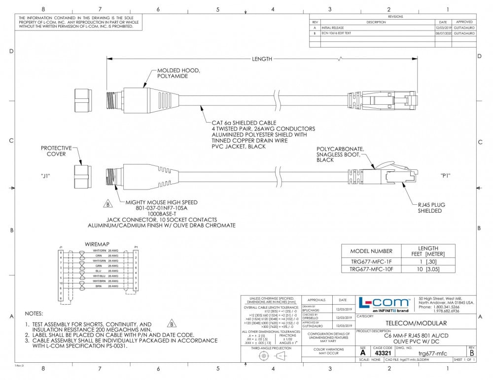 L-com TRG677 modular cable assembly technical drawing