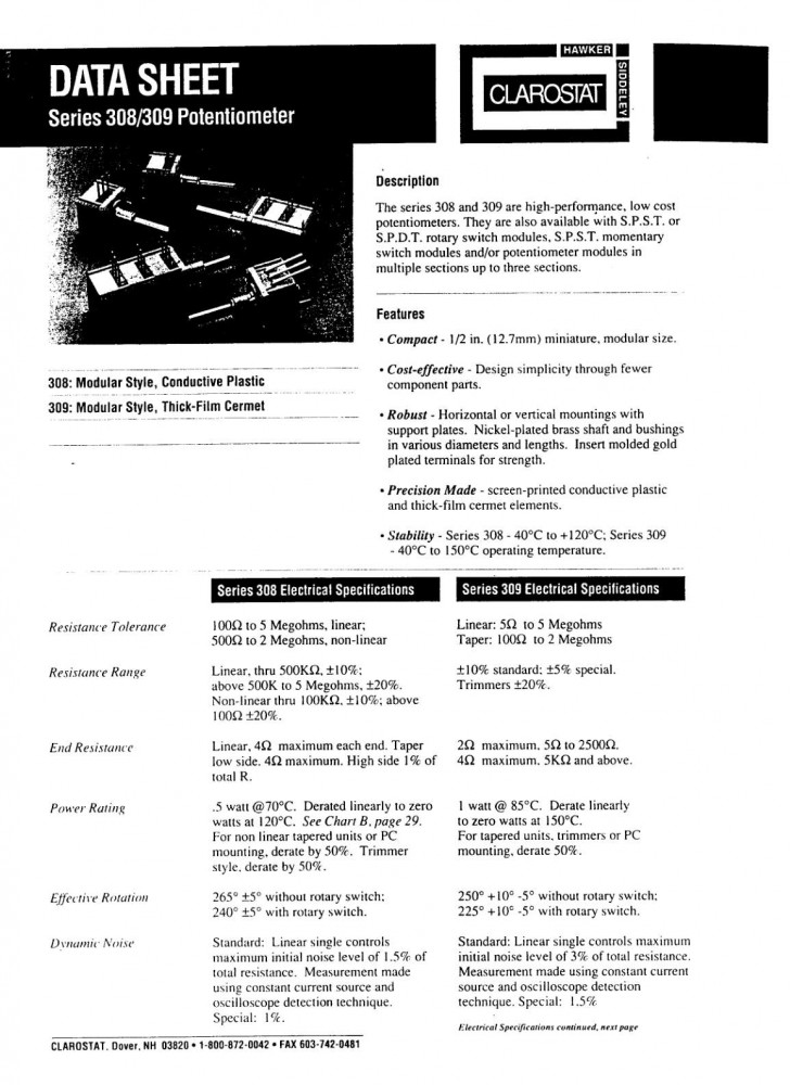Honeywell Series 308/309 datasheet page 1