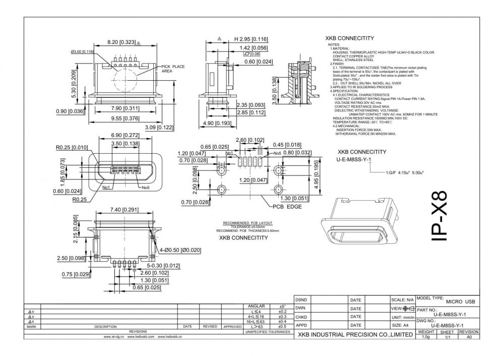 U-E-M8SS-Y-1 Micro USB drawing page 1
