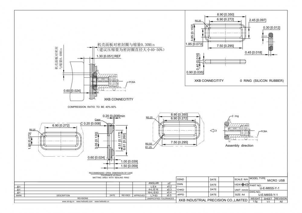 U-E-M8SS-Y-1 Micro USB drawing page 2 with mating area and sealing ring note