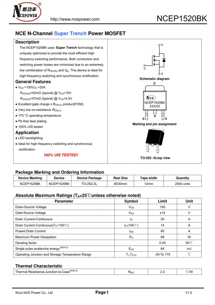 NCEP1520BK datasheet page 1