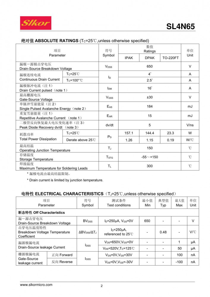 SL4N65F datasheet page 2