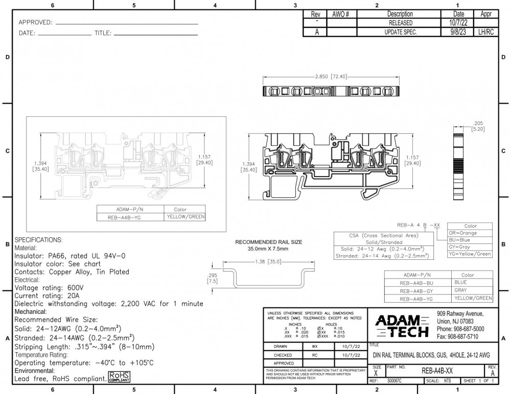 ADAM TECH REB-A4B-XX terminal block product drawing