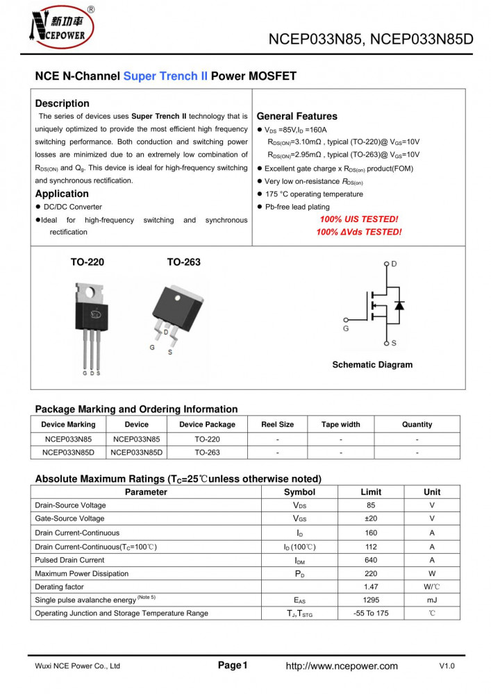 NCEP033N85 datasheet page 1