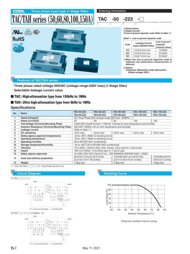 Cosel TAC TAH series datasheet page 1